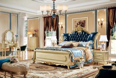 China Luxury Classic Design Wooden Carved Upholstered Leather King Size Bed for sale