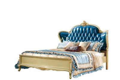 China Luxury Antique Design Wooden Carved Upholstered Leather King Size Bed for sale