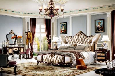 China Luxury Antique European Design Upholstered Leather Wooden Carving King Size Bed for sale