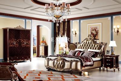 China Classic Luxury Wooden Design Upholstered Leather Antique Headboard King Size Bed for sale