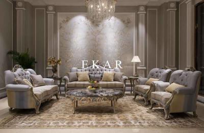 China Antique Frame Chesterfield Carved Wood And Leather Sofa Set for sale