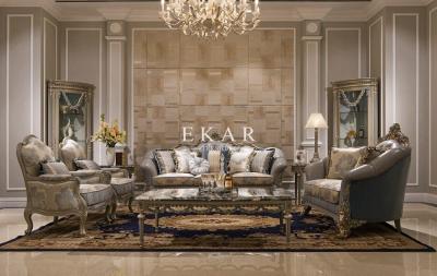 China Elegant Wood Luxury Carved European Living Room Furniture Set for sale