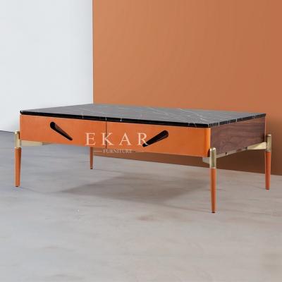 China Wooden Stainless Rectangle Marble Coffee Table With 2 Drawers for sale