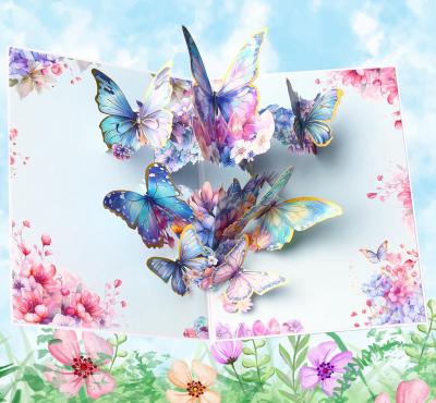 China Aurora Blue 3D Pop-Up Butterfly Gold Foil Greeting Card for sale