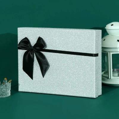 China Glitter Rigid Gift Box Lid and Base Packaging With Satin Bow Ribbon for sale