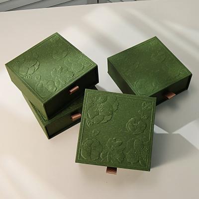 China Embossed Floral Drawer Jewelry Box with Ribbon Pull for Ring Necklace Packaging for sale