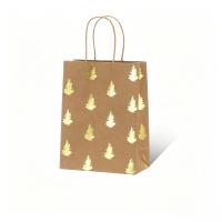 China Gold Foil Stamped Kraft Paper Shopping Bags with Handles for Retail for sale