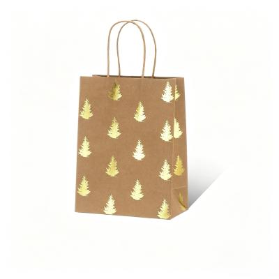 China Gold Foil Stamped Kraft Paper Shopping Bags with Handles for Retail for sale