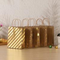 China Gold Foil Stamped Kraft Paper Shopping Bags with Handles for Retail for sale