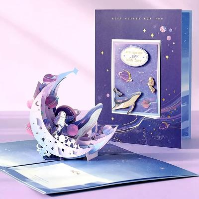 China 3d Pop Up Greeting Cards With Laser-cut Cosmic Crescent Moon And Whale Motifs for sale