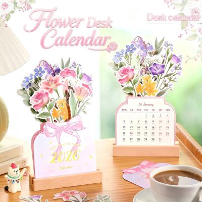China 3D Desk Calendars With Die Cut Floral Design And Wooden Stand For Office Decor for sale