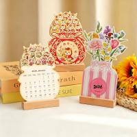 China 3D Desk Calendars With Die Cut Floral Design And Wooden Stand For Office Decor for sale