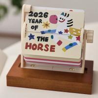 China Hand-Crank Mechanical Flip Desk Calendars With Wooden Stand For Office Decor for sale