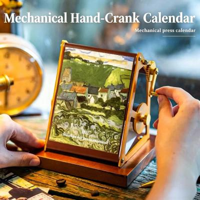 China Mechanical Hand-Crank Art Calendar With Wooden Stand For Office Decor for sale