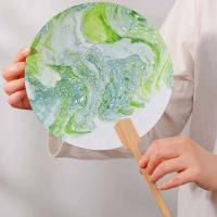 China Marbled Paint Art Round Paper Hand Fans With Wooden Handles For Cultural Gifts for sale