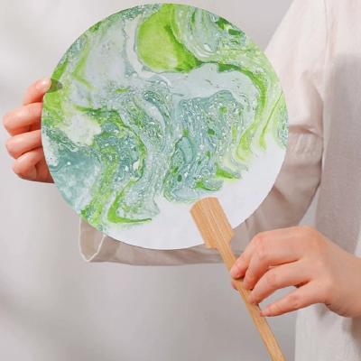 China Marbled Paint Art Round Paper Hand Fans With Wooden Handles For Cultural Gifts for sale