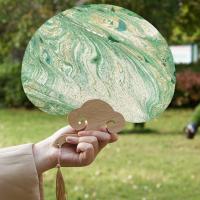 China Marbled Paint Art Round Paper Hand Fans With Wooden Handles For Cultural Gifts for sale