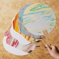 China Marbled Paint Art Round Paper Hand Fans With Wooden Handles For Cultural Gifts for sale