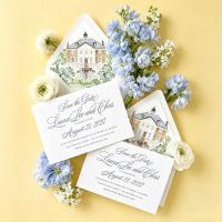China Watercolor Venue Illustration Wedding Invitation Cards Set For Luxury Events for sale