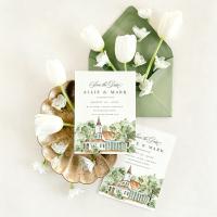 China Watercolor Venue Illustration Wedding Invitation Cards Set For Luxury Events for sale