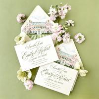 China Watercolor Venue Illustration Wedding Invitation Cards Set For Luxury Events for sale