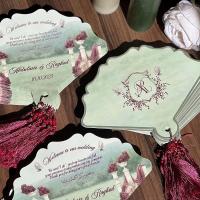 China Wedding Invitation Cards Handheld Scalloped Fan Shaped With Silk Tassels for sale