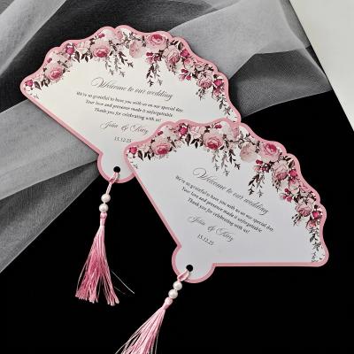 China Wedding Invitation Cards Handheld Scalloped Fan Shaped With Silk Tassels for sale