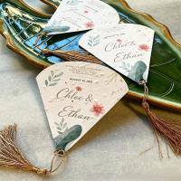 China Seed Paper Wedding Fan Cards With Tassels And Plantable Wildflower Blend for sale