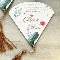 China Seed Paper Wedding Fan Cards With Tassels And Plantable Wildflower Blend for sale