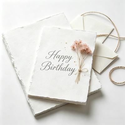 China Handcrafted cotton paper birthday cards with deckle edges and pressed flowers for sale