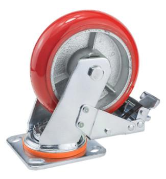 China 5 Inch Orange Heavy Duty Caster Wheels With Brakes PU Wheels Cast Iron Casters for sale