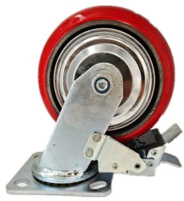 China 6 Inch Heavy Duty Casters With Brakes Orange Urethane Casters Cast Iron Wheels for sale