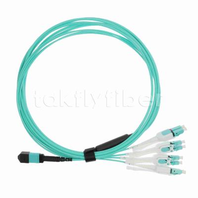 China MPO to LC Uniboot OM3 Fiber Optic Cable Patch Cord, MMF 8-core Fiber, For QSFP+Transceiver for sale