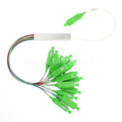 China 1×N / 2×N PLC Optical Splitter – Mini Steel Tube Package, G657A1, SC/APC Input & Output, for FTTH/PON Splitting for sale