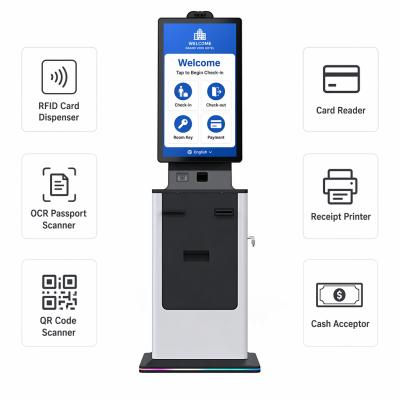 China Hotel Hospital Check in Kiosk Self Service Touch Screen Card Dispenser Passport Scanner Ticket Printer Cash Acceptor Payment Kiosk for sale