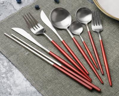 China New Arrival Stainless Steel Flatware Set with Red Handle Color Kitchen Cutlery Dinnerware for sale