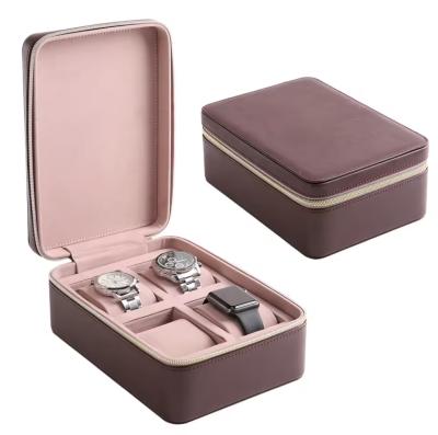 China OEM ODM Custom 4 Slot Watch Box Luxury PU Leather Case Velvet Lining Durable Zipper Closure for sale
