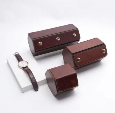 China Personalized Hexagon Leather Watch Boxes Genuine Leather Watch Roll Box Two Watches for sale