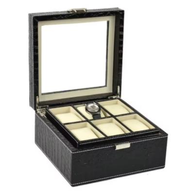China Handmade PU Leather Watch Display Box 2 Layer 6 Grids Customized Size for sale