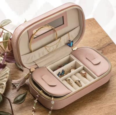 China Custom Logo Leather Women's Jewelry Box Makeup Cosmetic Bag Pouch With Mirror for sale