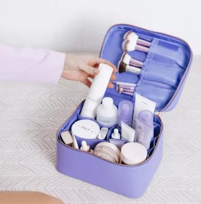 China Light Purple Girly Leather Essential Beauty Case Luxe Vegan Makeup Bag With Handle for sale