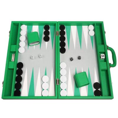 China Handmade Green Leather Travel Backgammon Set Box Portable Custom Color for sale