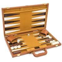 China OEM Size Light Brown PU Leather Game Boxes Backgammon Board Game Set for sale