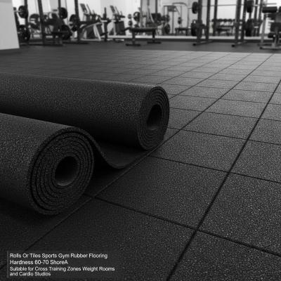 China Rolls Or Tiles Sports Gym Rubber Flooring Hardness 60-70 ShoreA Suitable for Cross Training Zones Weight Rooms and Cardio Studios for sale