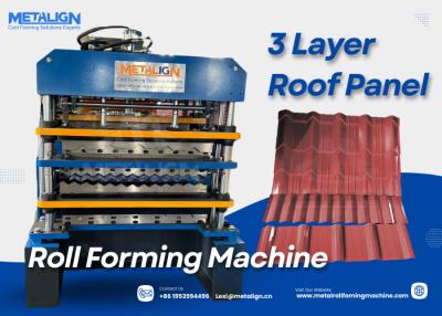 China Three Profile Metal Roofing Roll Forming Machine Line With Hydraulic Cutter for sale