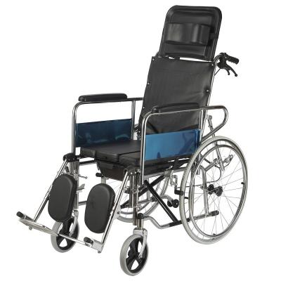 China High Recline Back Folding Manual Commode Wheelchair 150kg Capacity Carbon Steel for sale