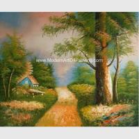 China Green Palette Knife Landscape Painting Cottages Abstract Scenery Art Environmental for sale