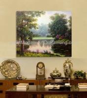 China HandPainted Green Modern Contemporary Landscape Paintings Lakeside Stroll By Famous Artist for sale