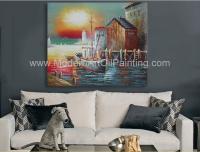 China Sunrise Senery Orange Boats Oil Painting Sailboat Canvas Art For Parlour for sale