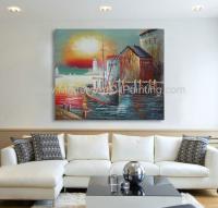 China Sunrise Senery Orange Boats Oil Painting Sailboat Canvas Art For Parlour for sale